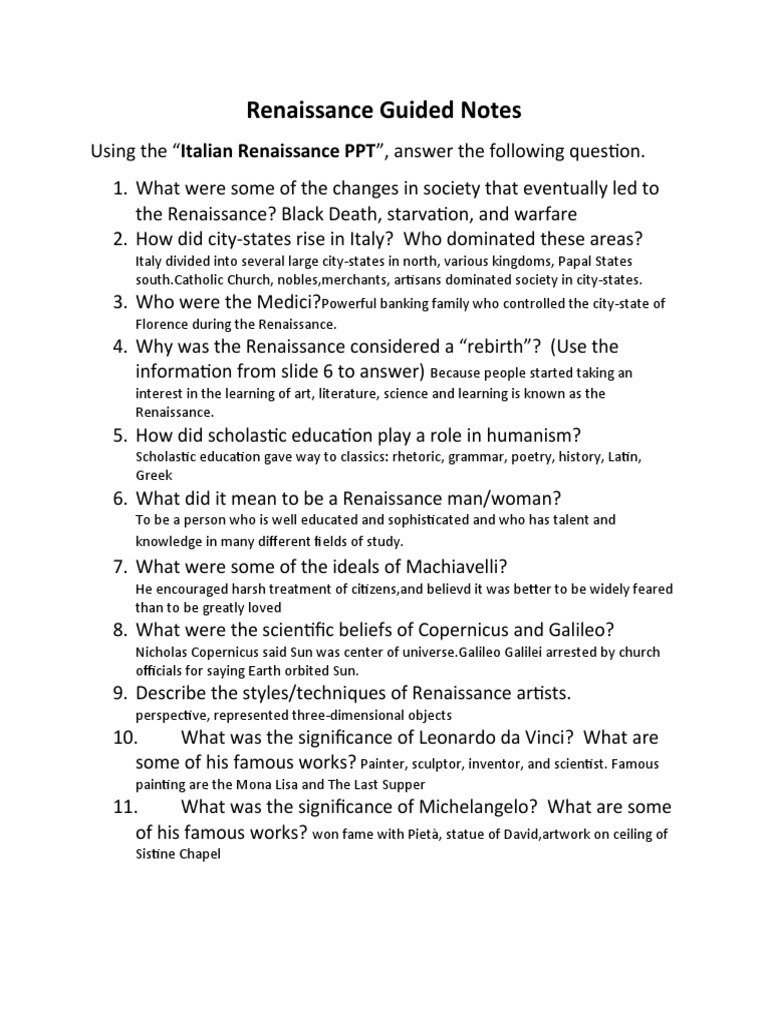 Renaissance Guided Notes | PDF | Renaissance | Italy