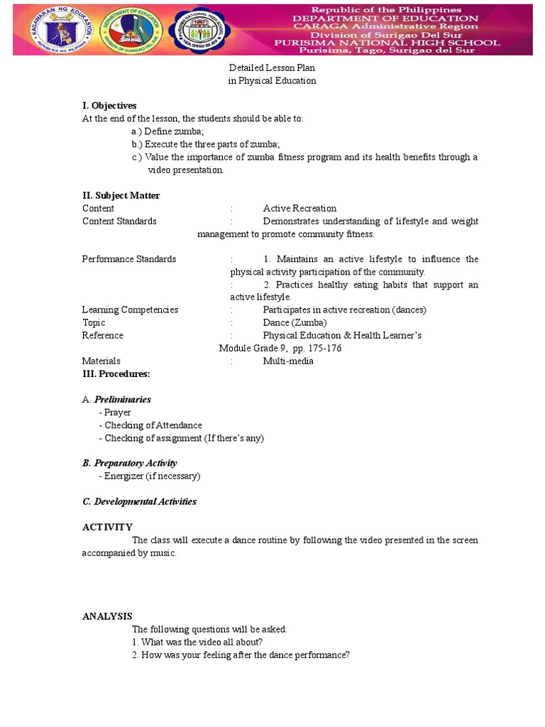 Detailed Lesson Plan in ZUMBA | PDF | Lesson Plan | Physical Education