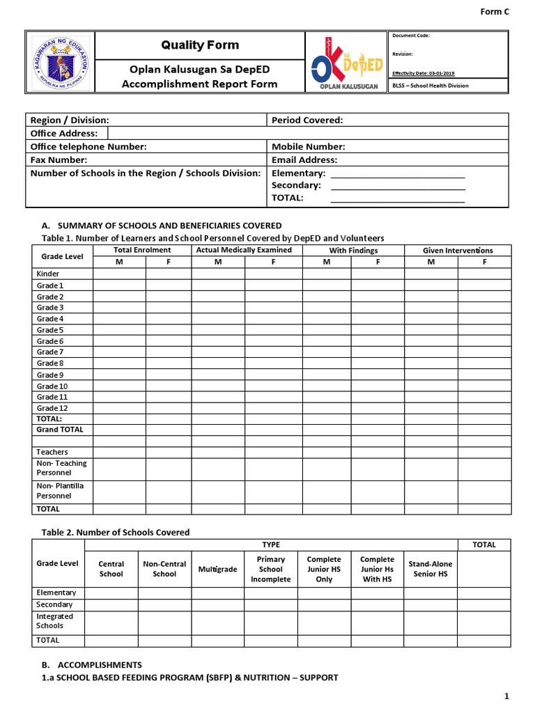 Quality Form Oplan Kalusugan Sa Deped Accomplishment Report Form | PDF ...