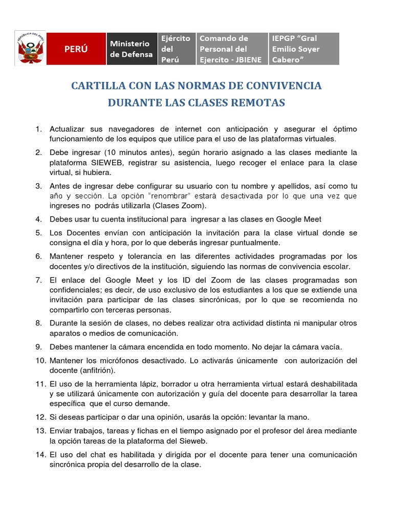 Cartilla de Las Normas de Convivencia en Las Clases Virtuales | PDF ...
