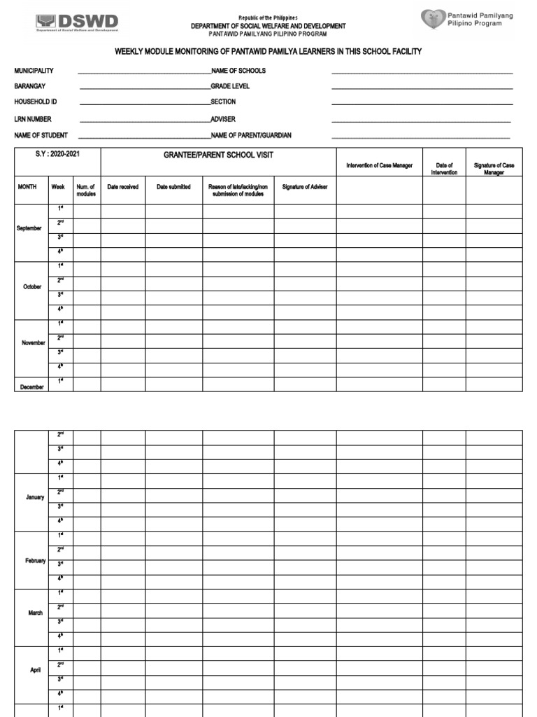 Weekly Module Monitoring of Pantawid Pamilya Learners in This School ...