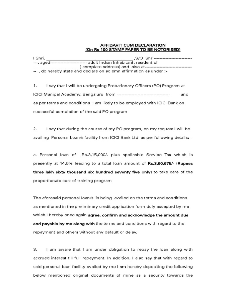 AFFIDAVIT CUM DECLARATION November 2015 | PDF | Affidavit | Loans