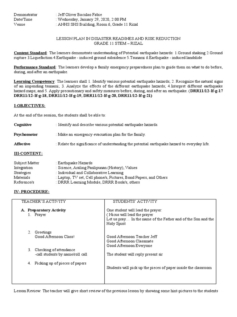 Lesson Plan in DRRR - Earthquake | Download Free PDF | Fault (Geology ...