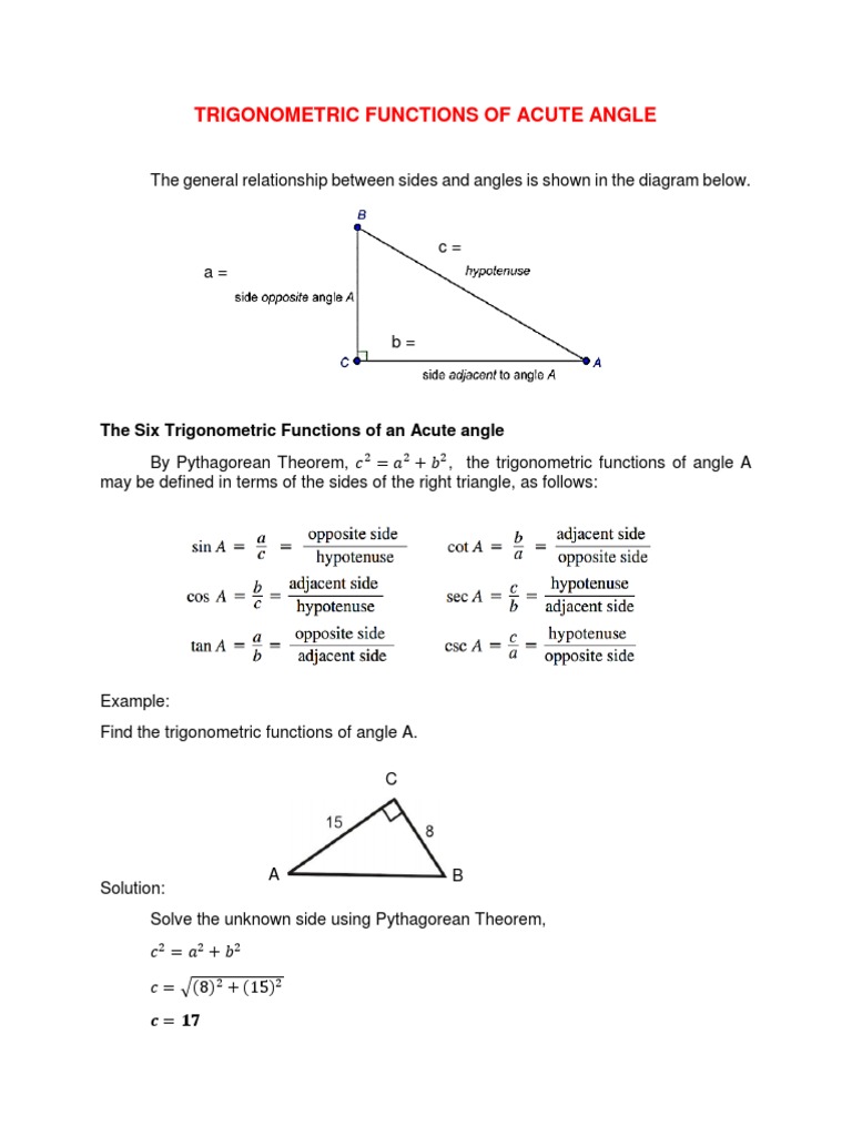 Trigonometric Functions of Acute Angles | PDF | Trigonometric Functions ...