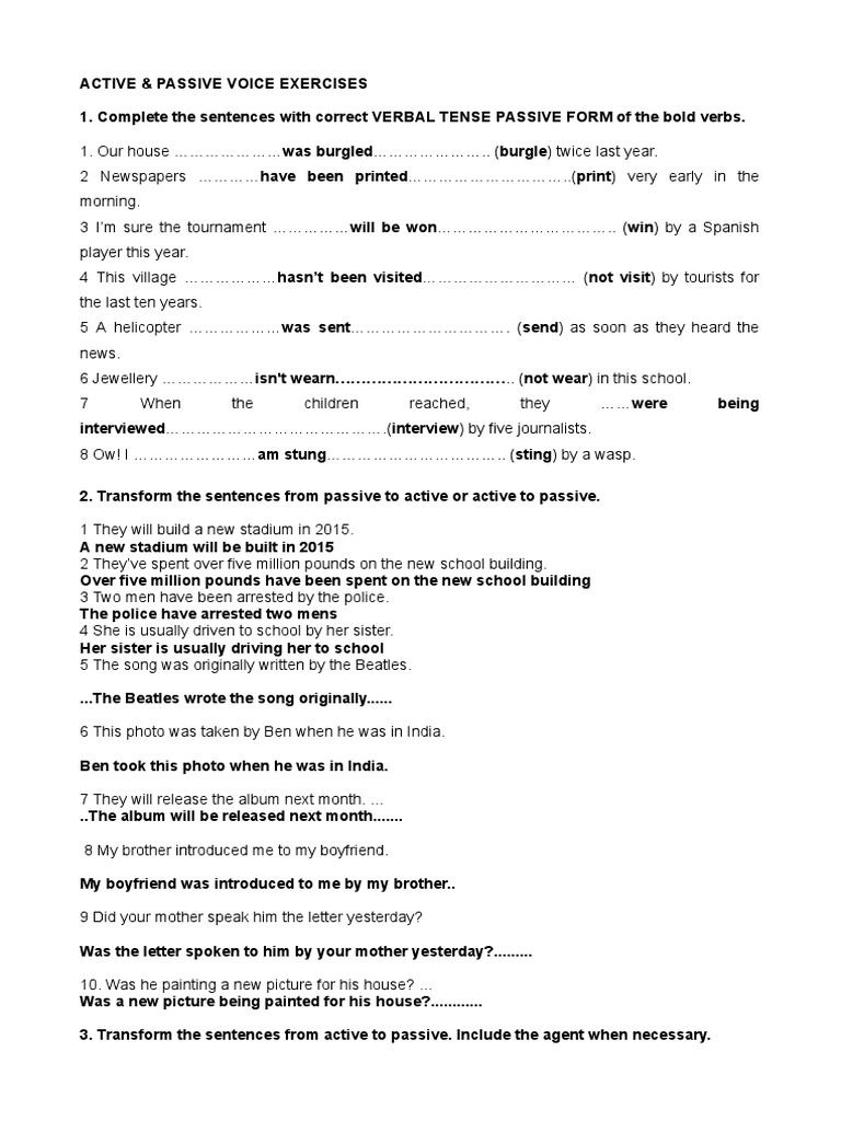 Active vs Passive Voice Exercises | PDF | Syntactic Relationships ...