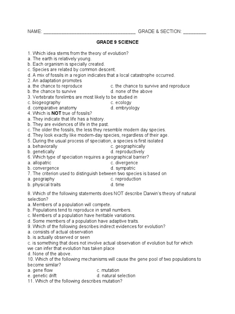 Grade 9 Activity Sheet | PDF | Evolution | Species