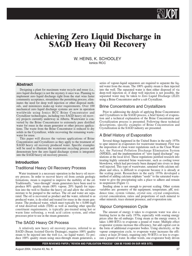 G Zero Liquid Discharge in SAGD Heavy Oil Recovery | PDF | Steam ...