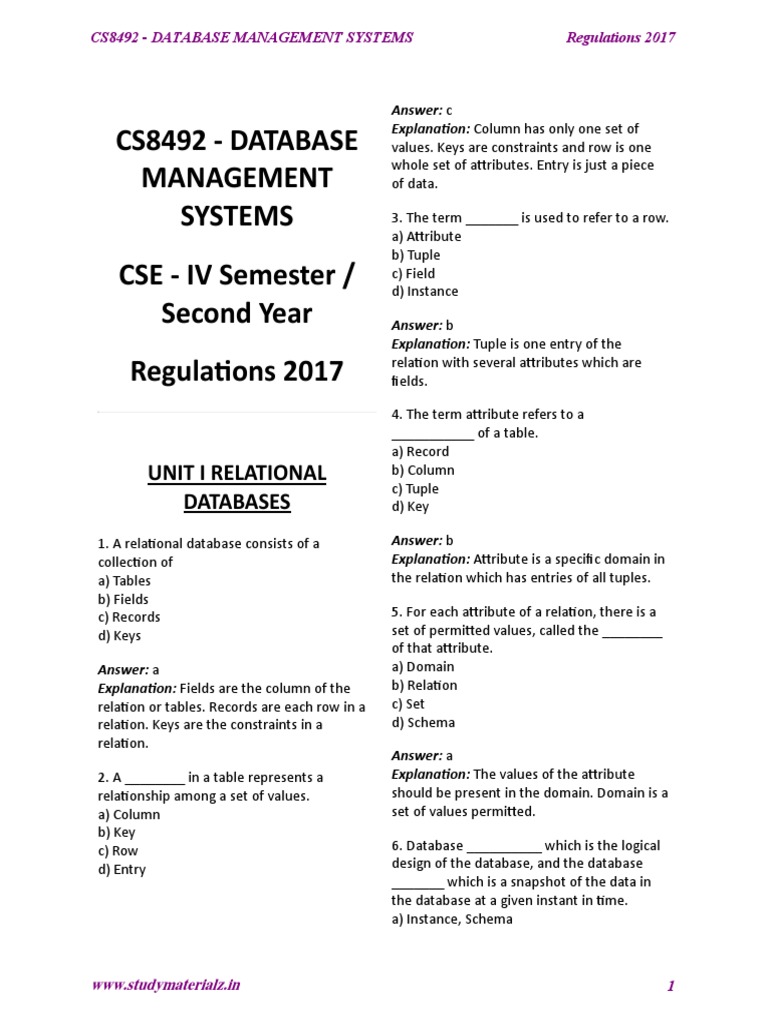 Cs8492 MCQ | PDF | Relational Database | Table (Database)