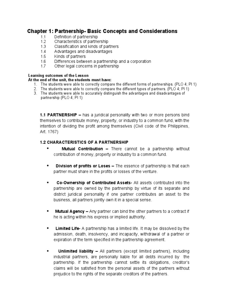 Chapter 1: Partnership-Basic Concepts and Considerations | PDF ...