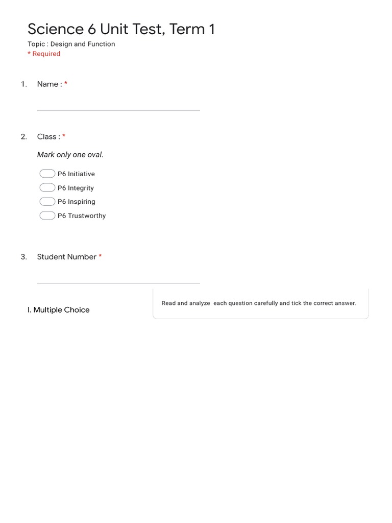 Remedial of Science 6 Unit Test Term 1 - Google Forms | PDF | Prototype ...