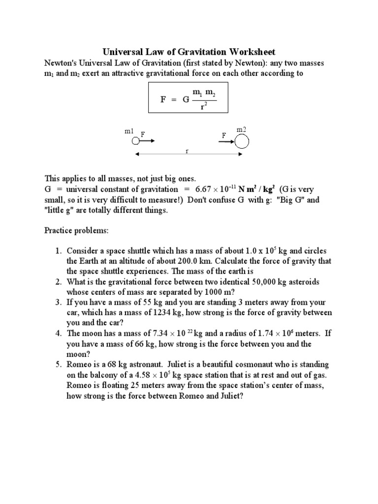 Universal Law of Gravitation Worksheet | PDF | Gravity | Newton's Law ...
