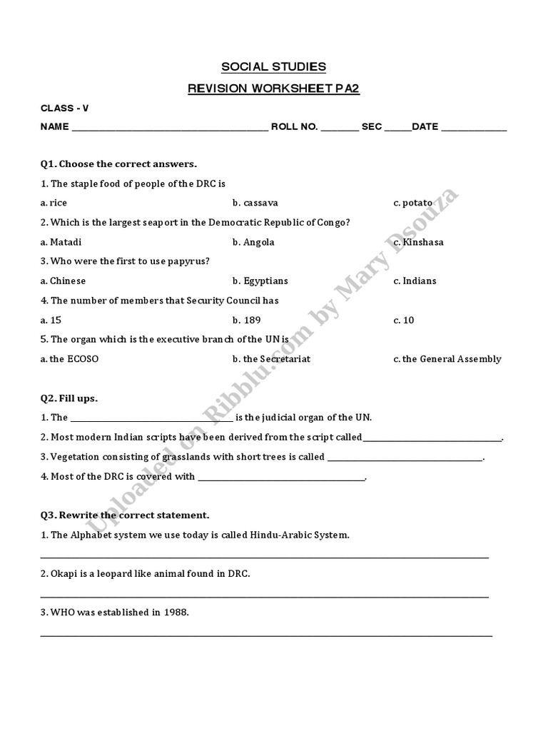 Social Studies Revision Worksheet Pa2: Q1. Choose The Correct Answers ...
