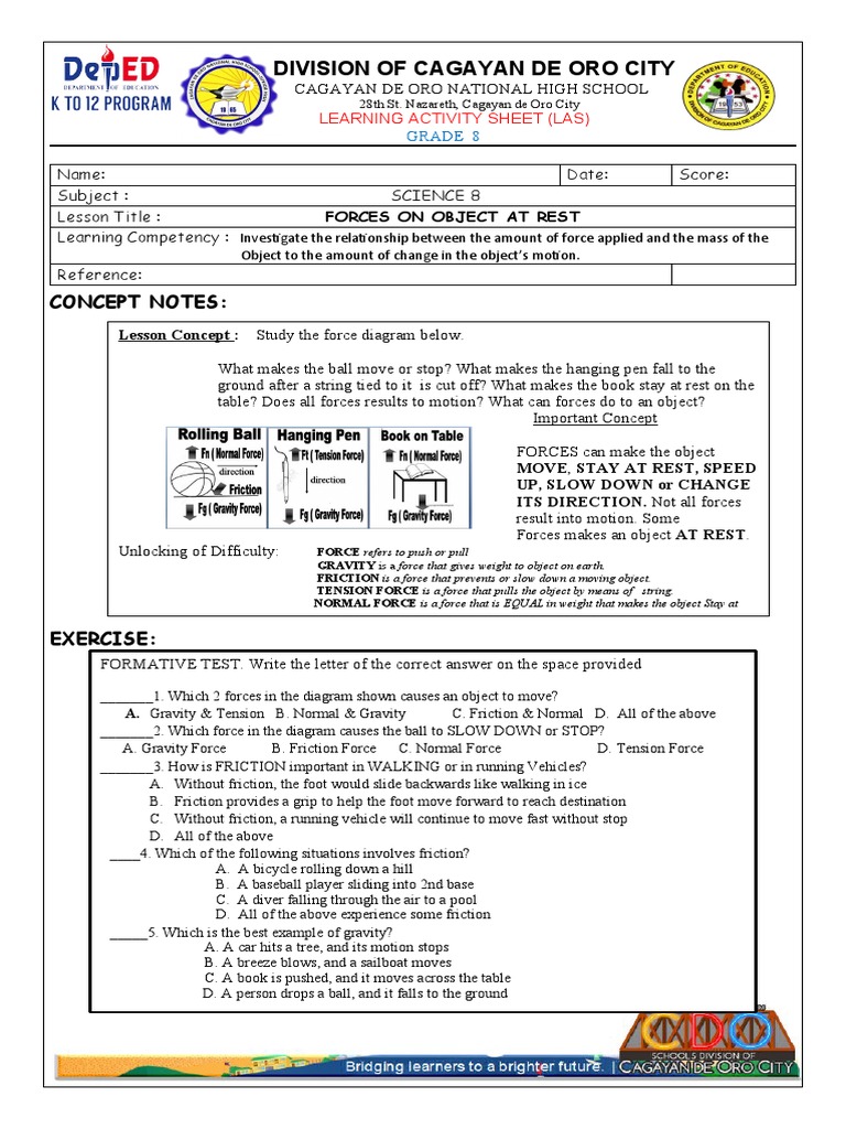 LAS 1.1 Science 8 Forces On Object at Rest | PDF | Friction | Force