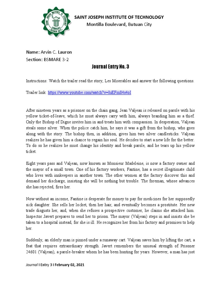 World Literature Journal Entry 3 | PDF | Cosette | Marius Pontmercy