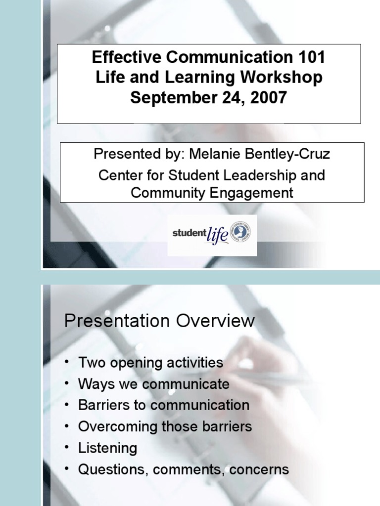 Effective Communication 101 Life and Learning Workshop September 24 ...