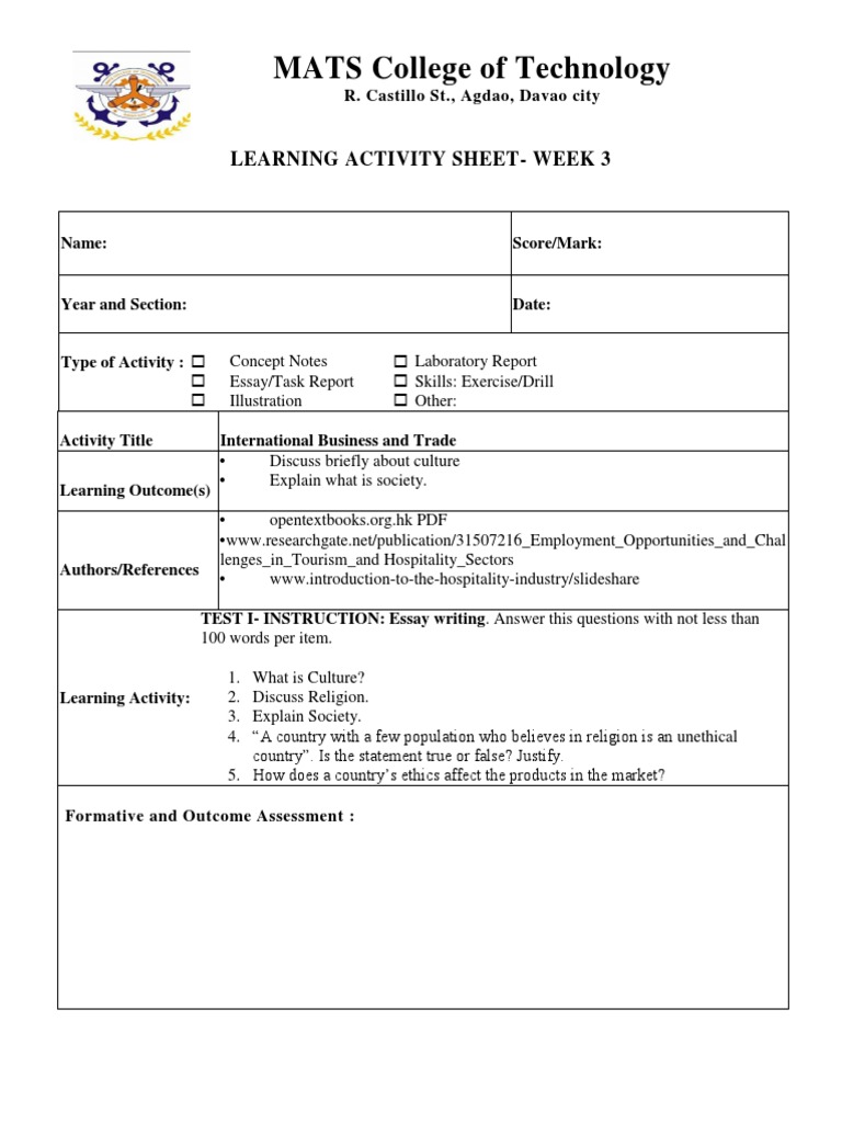 MATS College of Technology: Learning Activity Sheet-Week 3 | PDF ...