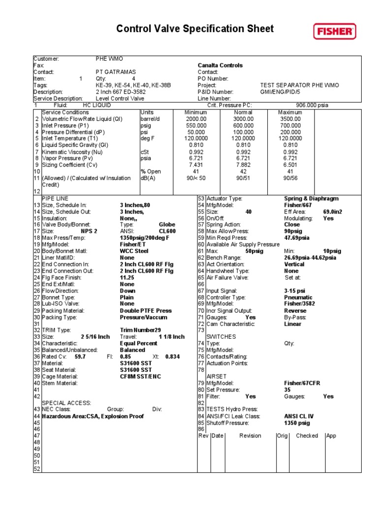 Control Valve Specification Sheet - LCV 2inch 600# R 1 | PDF | Valve | Pressure