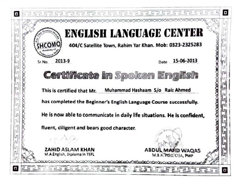 English Speaking Certificate | PDF