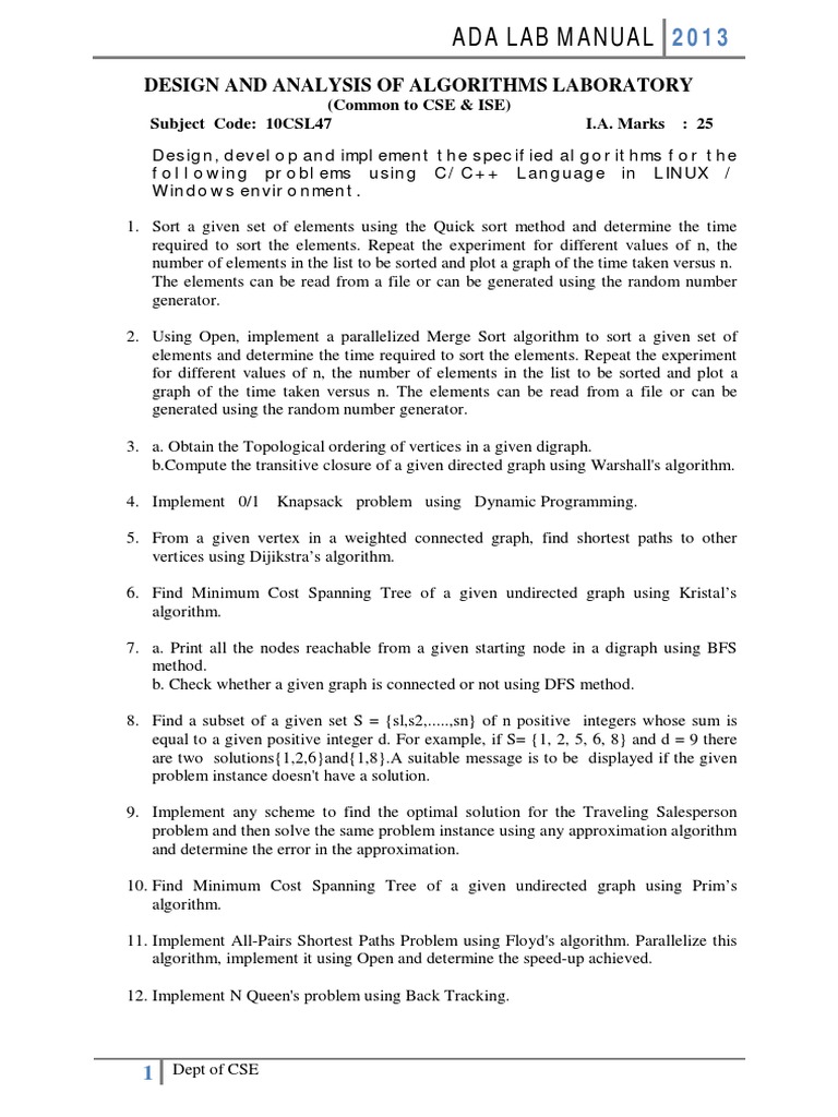 Ada Lab Manual: Design and Analysis of Algorithms Laboratory | PDF | Mathematical Logic ...
