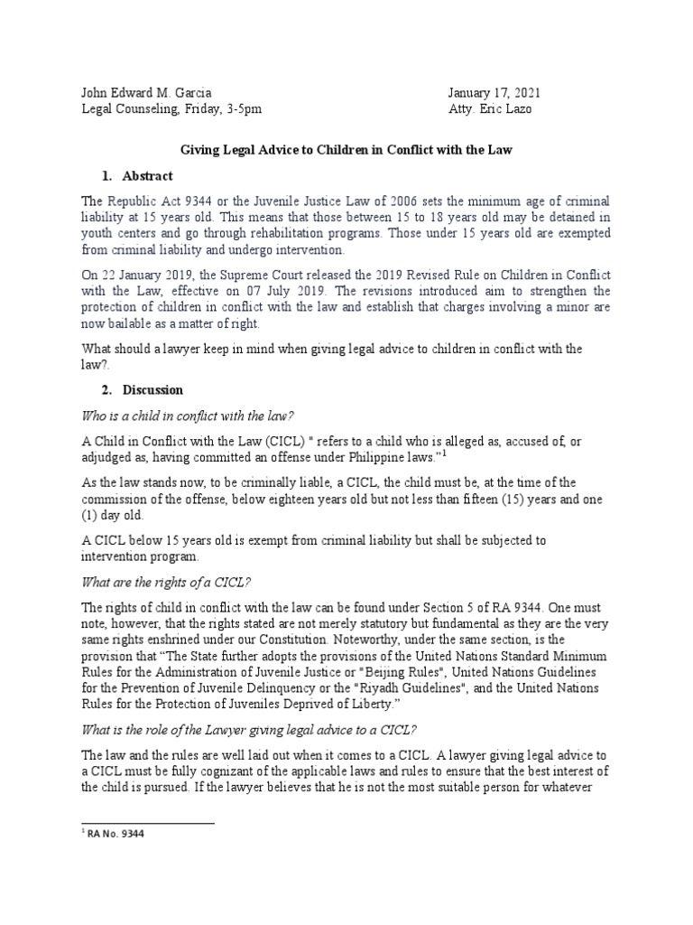Giving Legal Advice To Cicl | PDF | Child Custody | Juvenile Delinquency