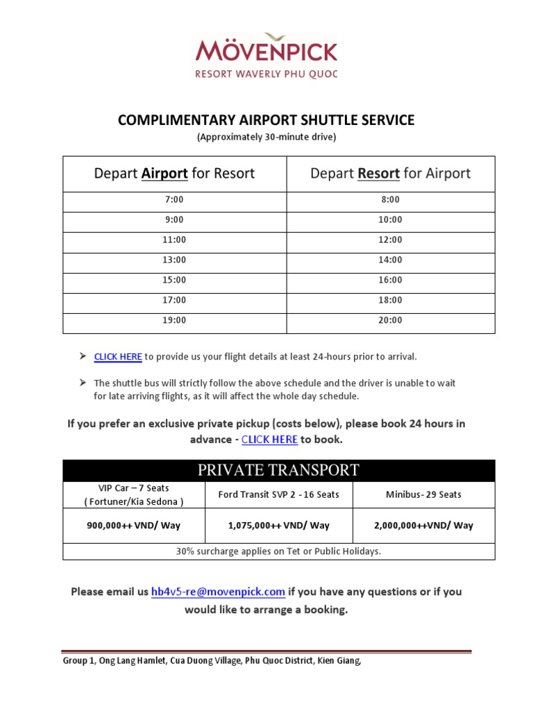 Complimentary Airport Shuttle Service: Depart Airport For Resort | PDF