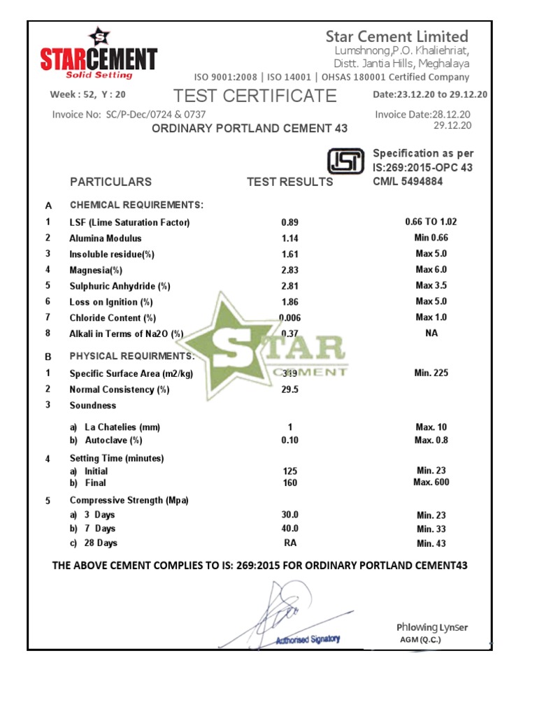 Test Certificate: Star Cement Limited | PDF | Cement | Civil Engineering