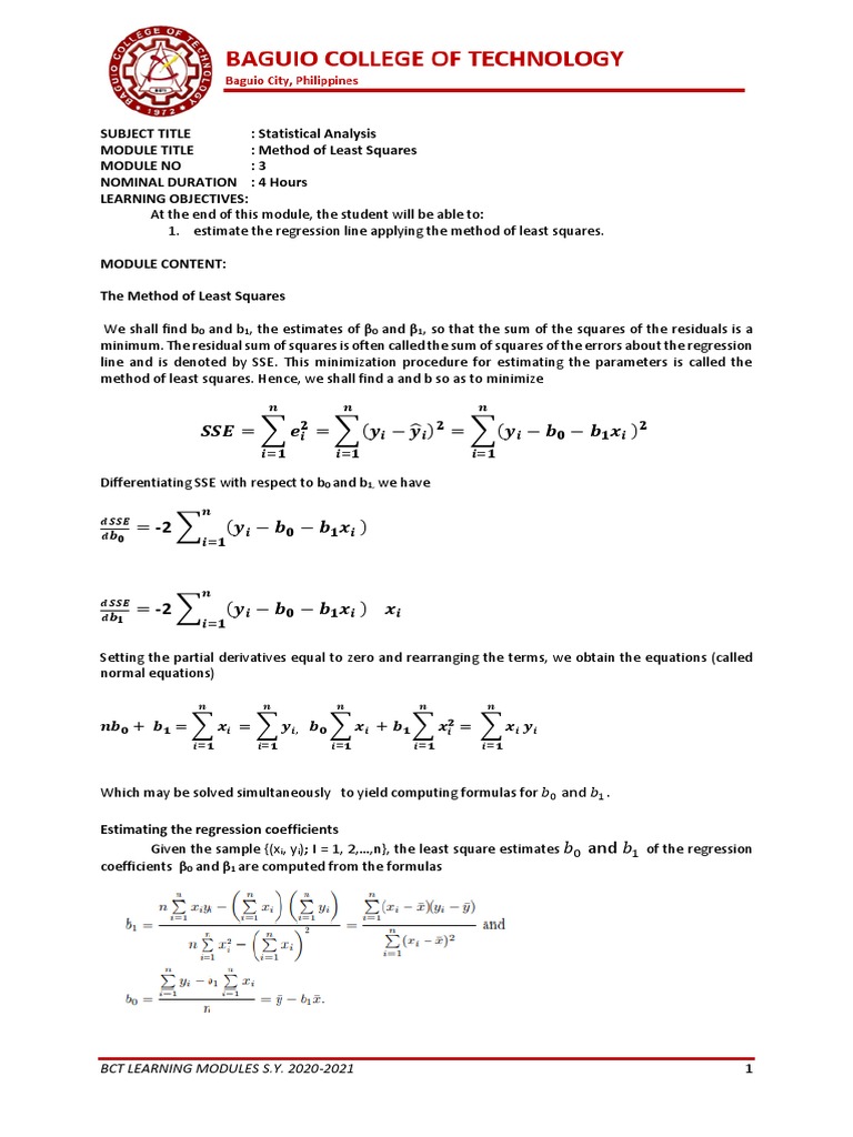 Subject Title Statistical Analysis Module Title Method Of Least Squares Module No 3 Nominal