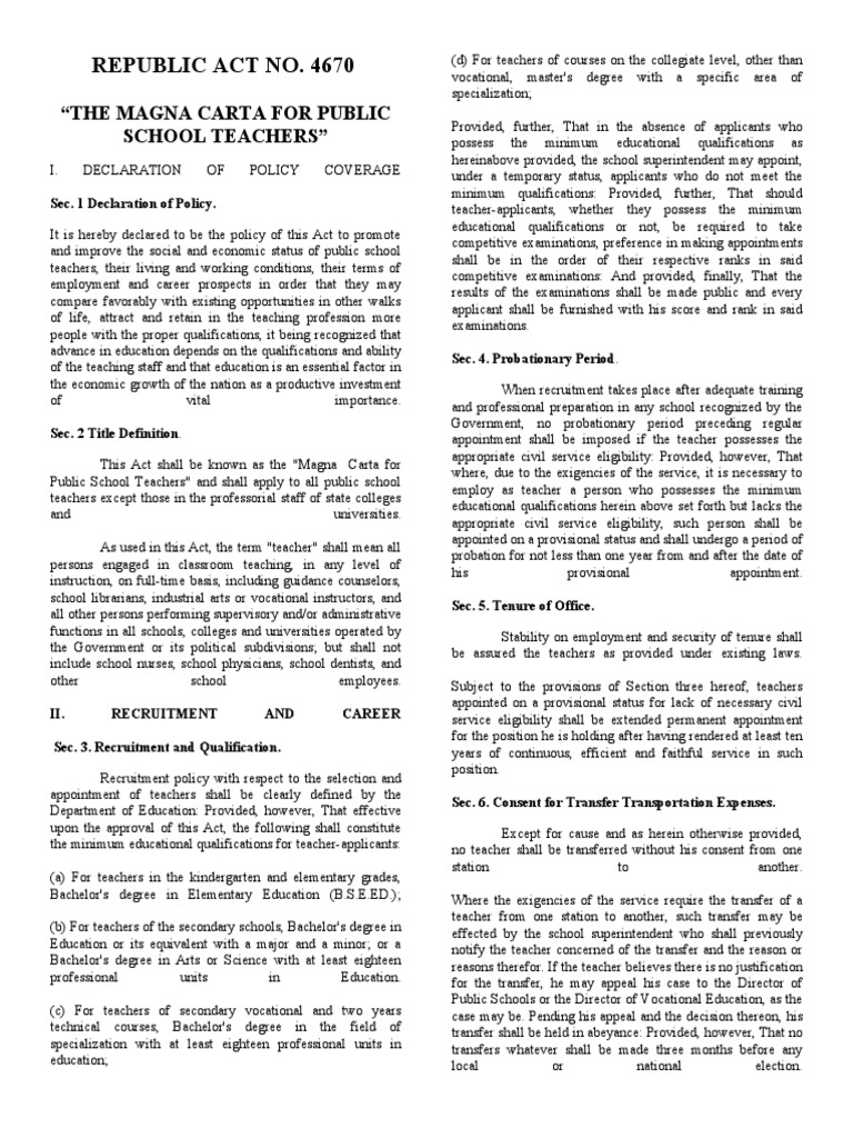 Republic Act No. 4670: "The Magna Carta For Public School Teachers ...