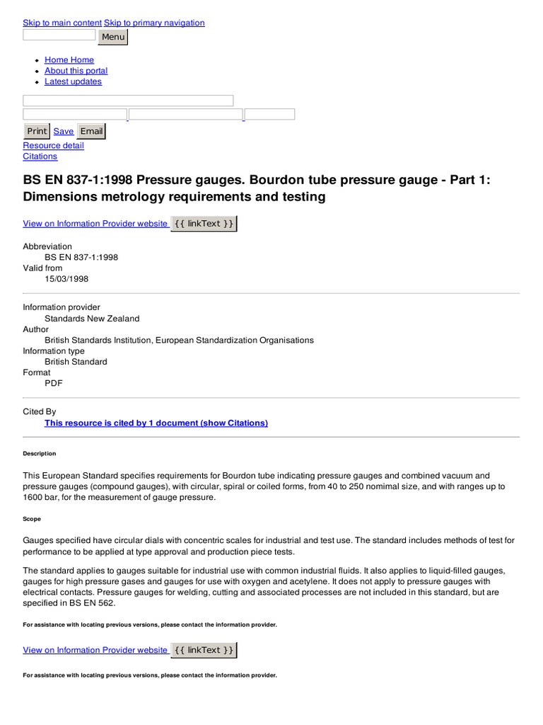 BS EN 837-1:1998 Pressure Gauges. Bourdon Tube Pressure Gauge - Part 1 ...