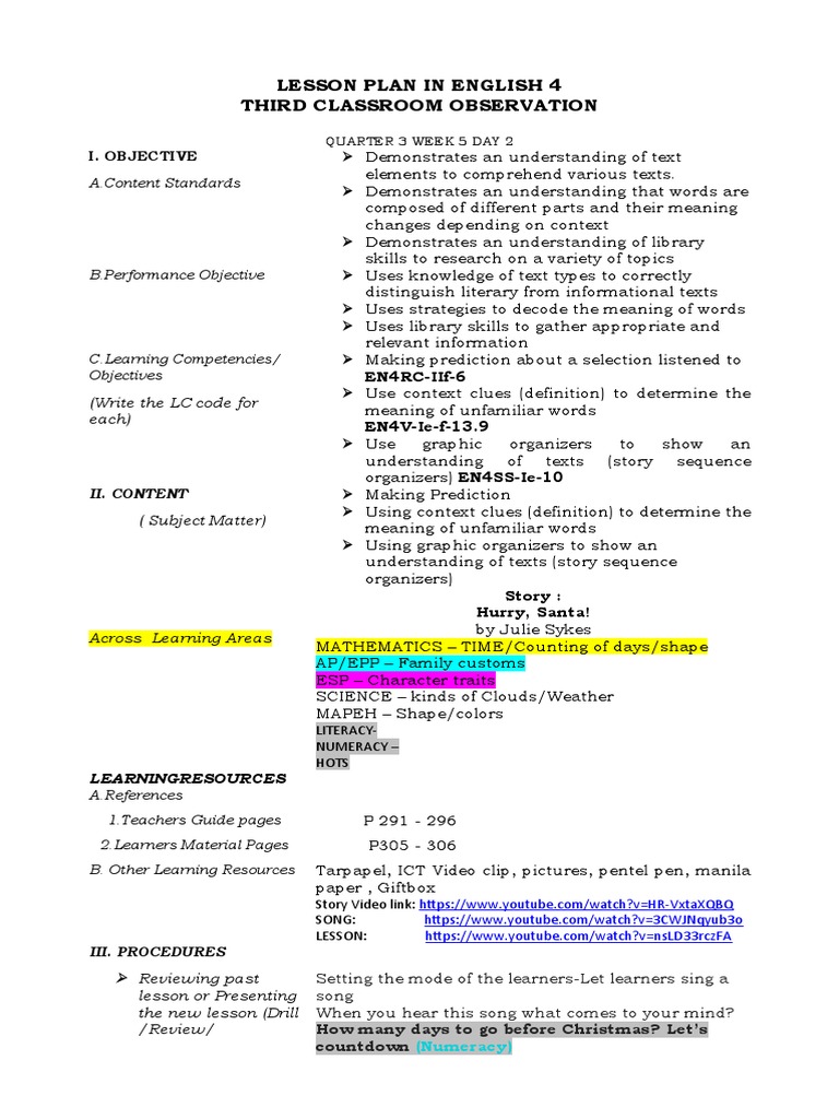 Lesson Plan in English 4 Third Classroom Observation: I. Objective ...