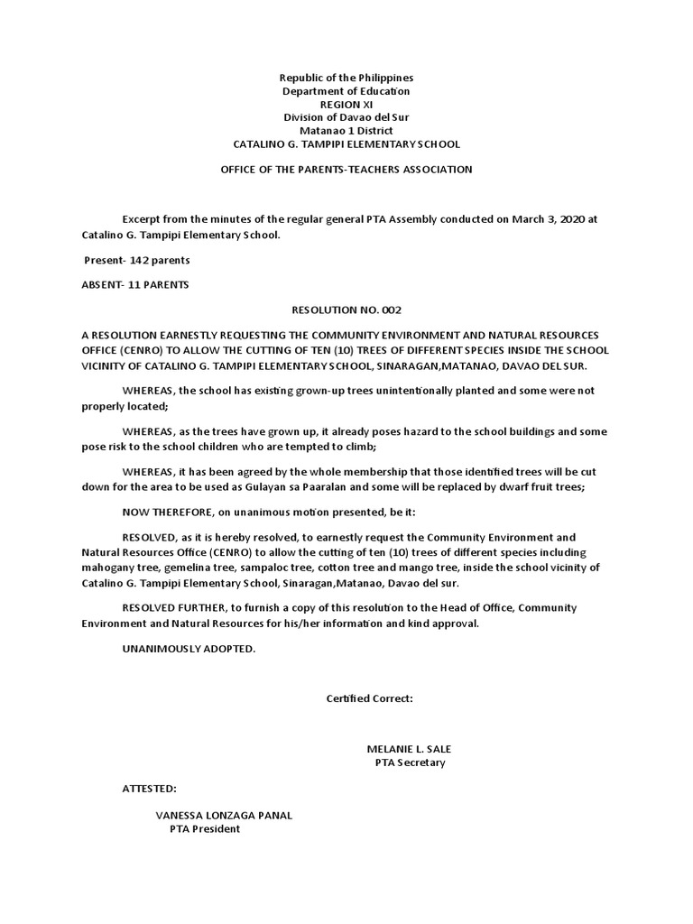 PTA Resolution To DENR | PDF