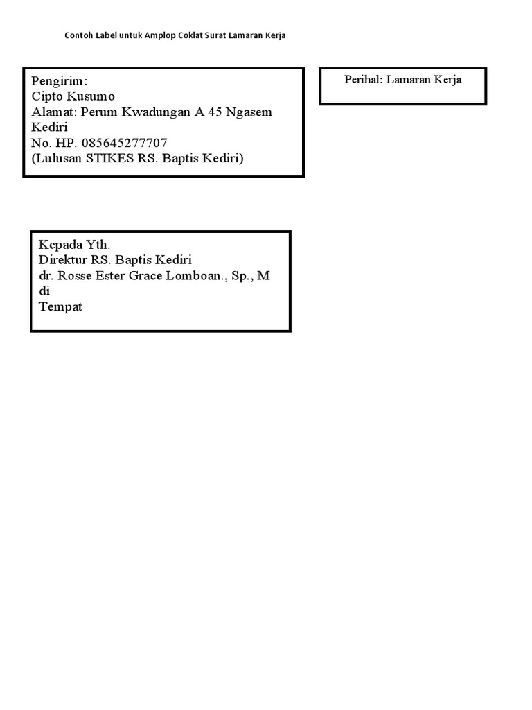 Contoh Label Untuk Amplop Lamaran Kerja | PDF