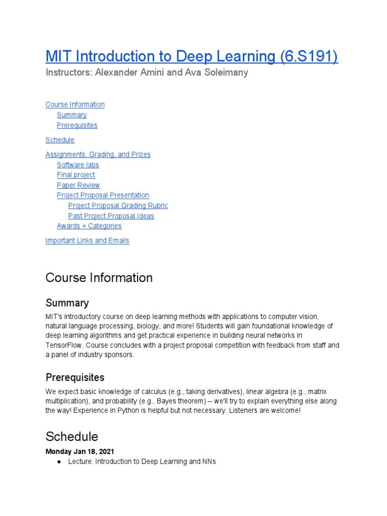 MIT Introduction To Deep Learning (6.S191) : Course Information | PDF | Deep Learning | Computer ...