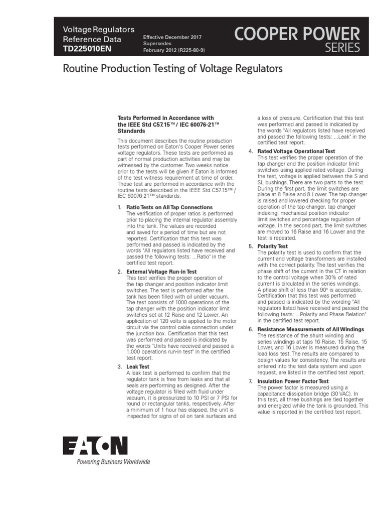 Cooper Power: Routine Production Testing of Voltage Regulators | PDF ...