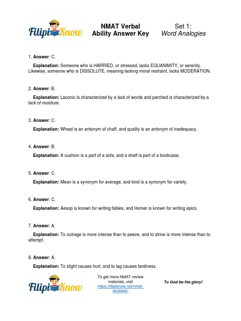 NMAT Verbal Ability Answer Key Set 1 | PDF