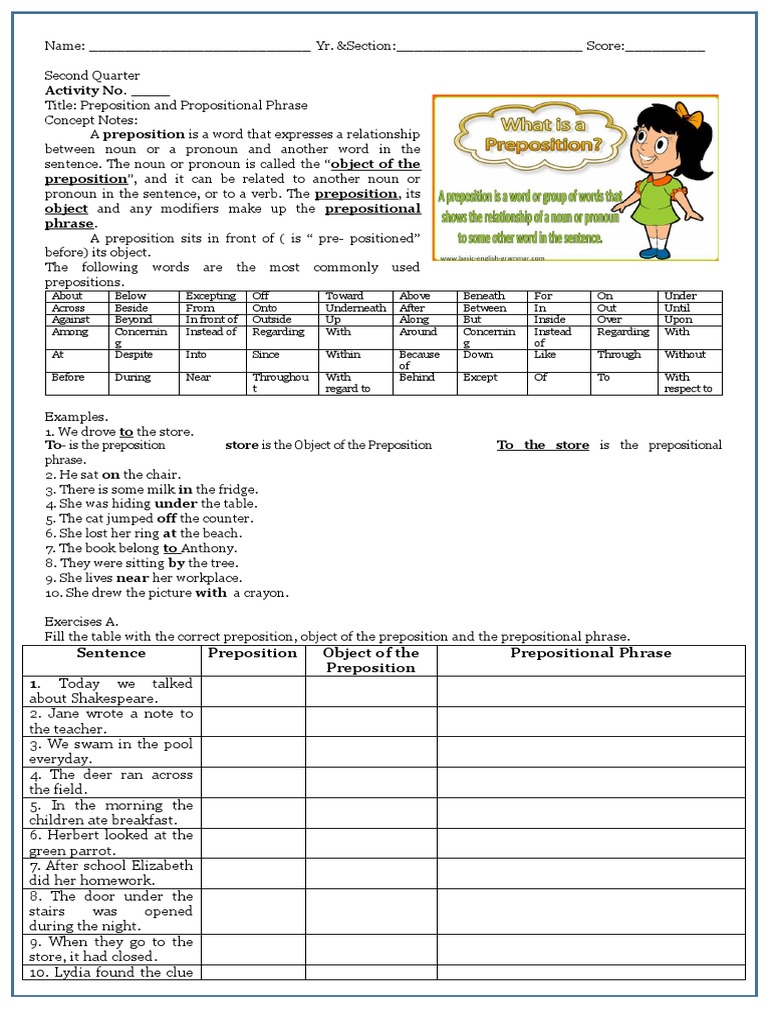 Prepostion Object Of The Preposition Prepositional Phrase Pdf Preposition And Postposition
