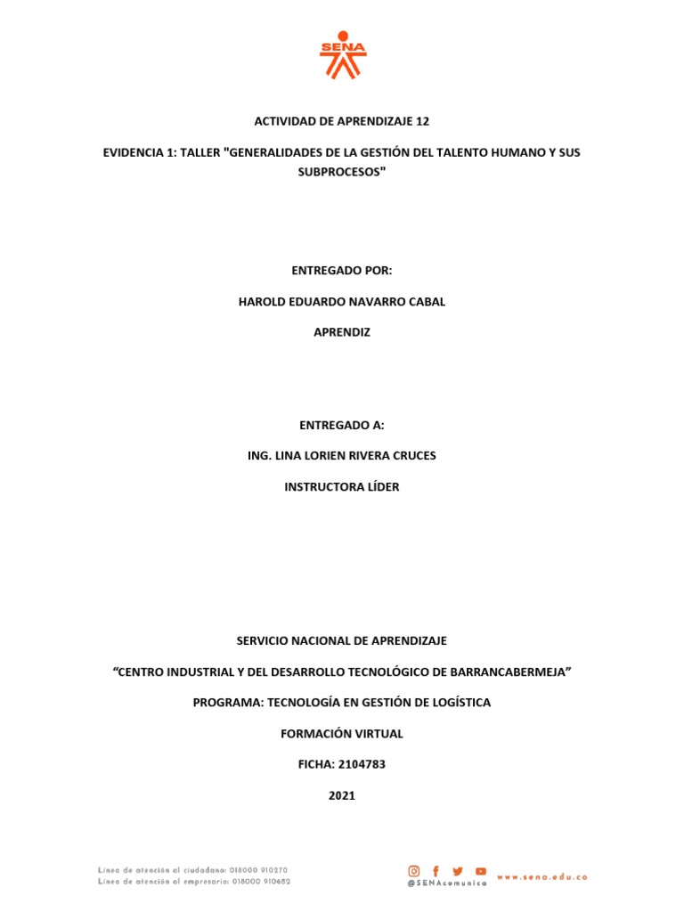 Evidencia 1 Taller Generalidades de La Gestión Del Talento Humano y Sus Subprocesos | PDF ...