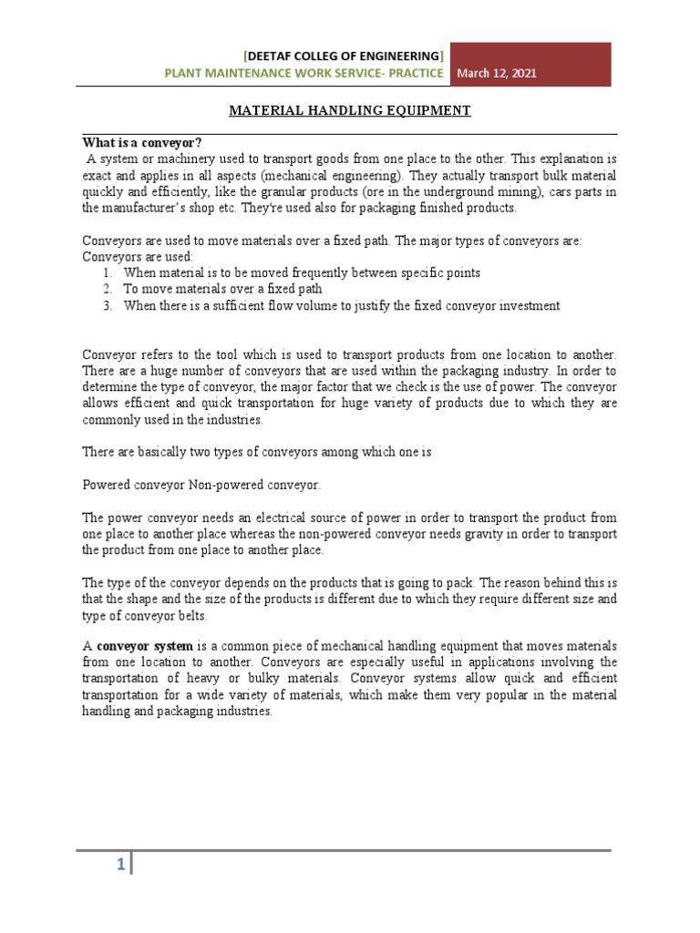 Material Handling Conveyor Pdf Belt Mechanical Manufactured Goods