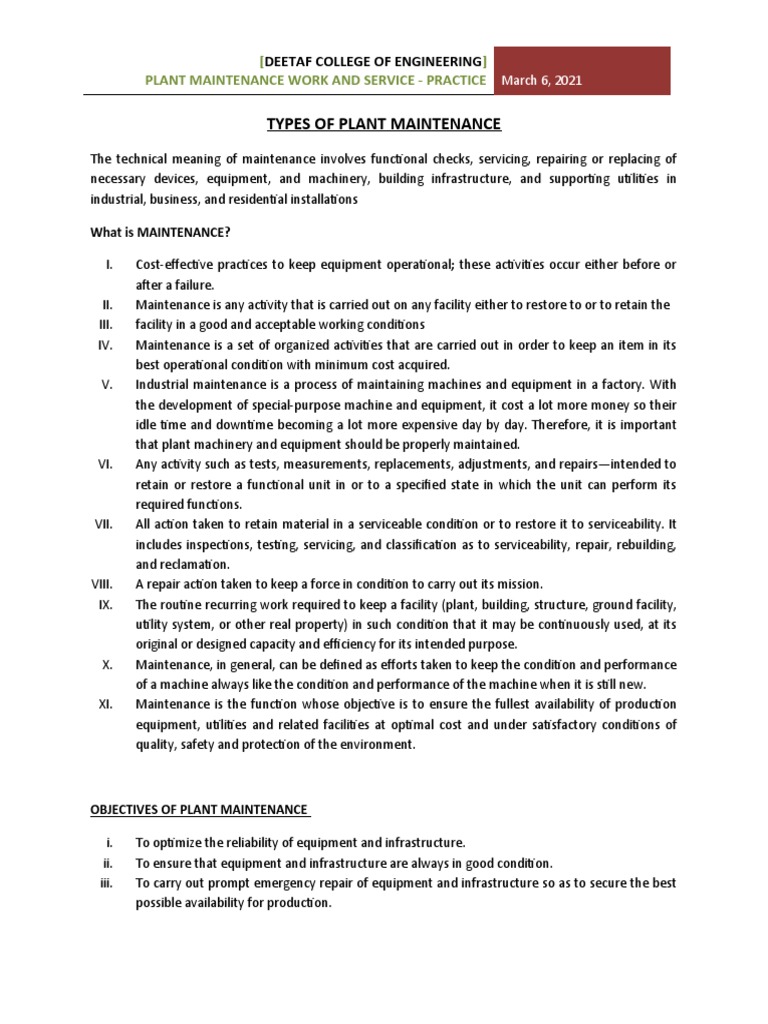 Types of Plant Maintenance | PDF | Applied And Interdisciplinary ...