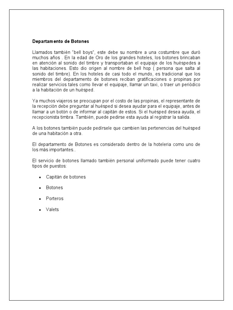 Funciones del Departamento de Botones | PDF | Hotel
