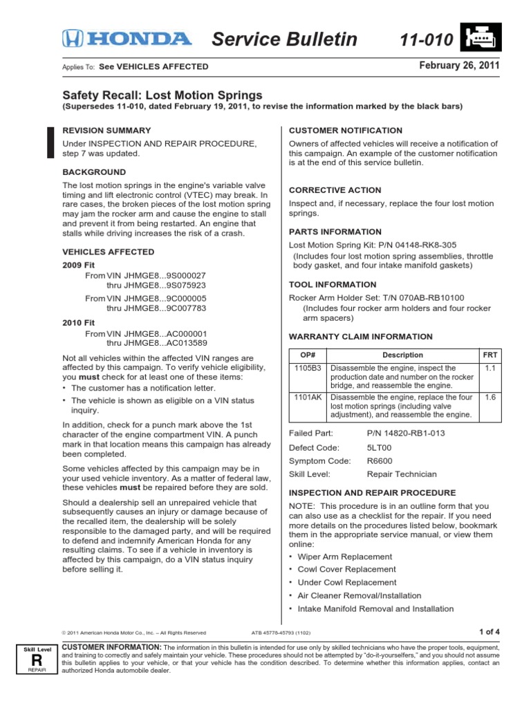 Honda Fit Lost Motion Spring Recall | PDF | Engines | Car