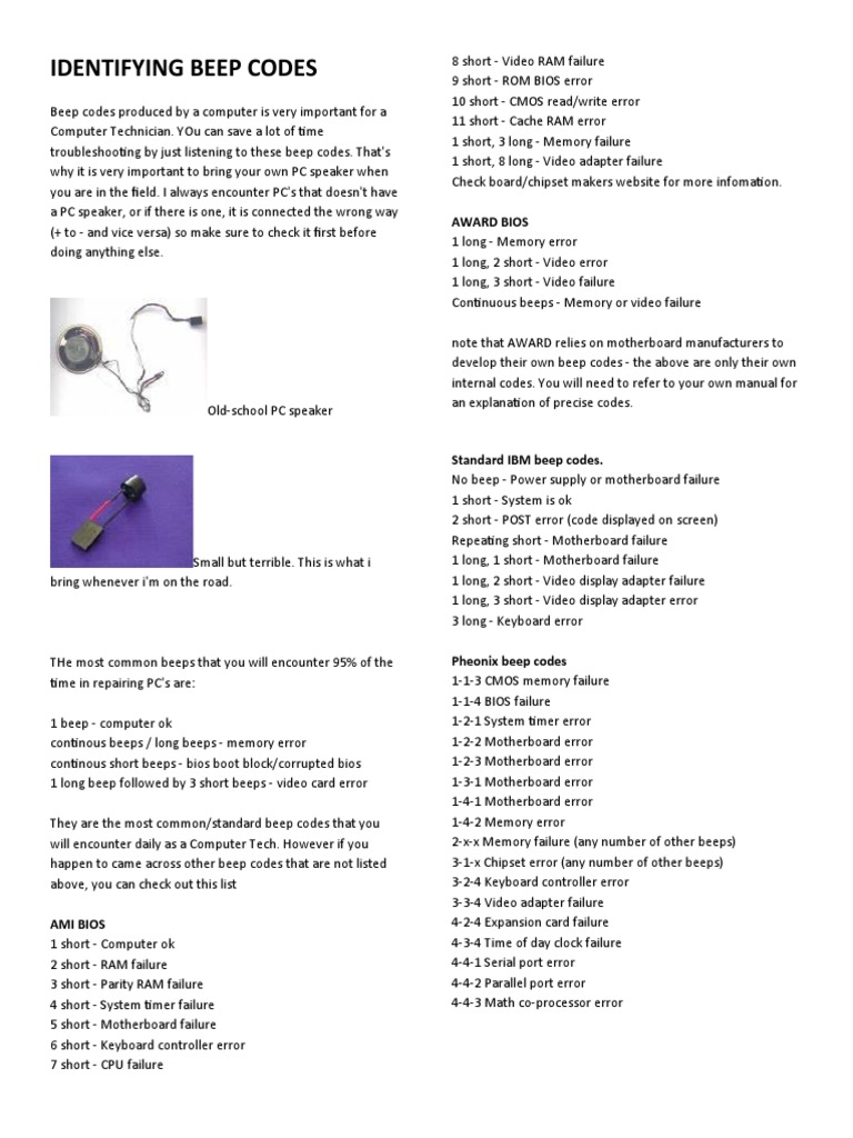Identifying Beep Codes | PDF | Bios | Computer Hardware