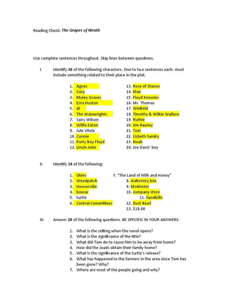 Grapes of Wrath Test Short Answer | PDF | Dust Bowl