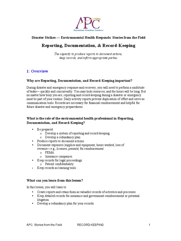 Reporting, Documentation, & Record-Keeping: 1: Overview | PDF | Federal ...