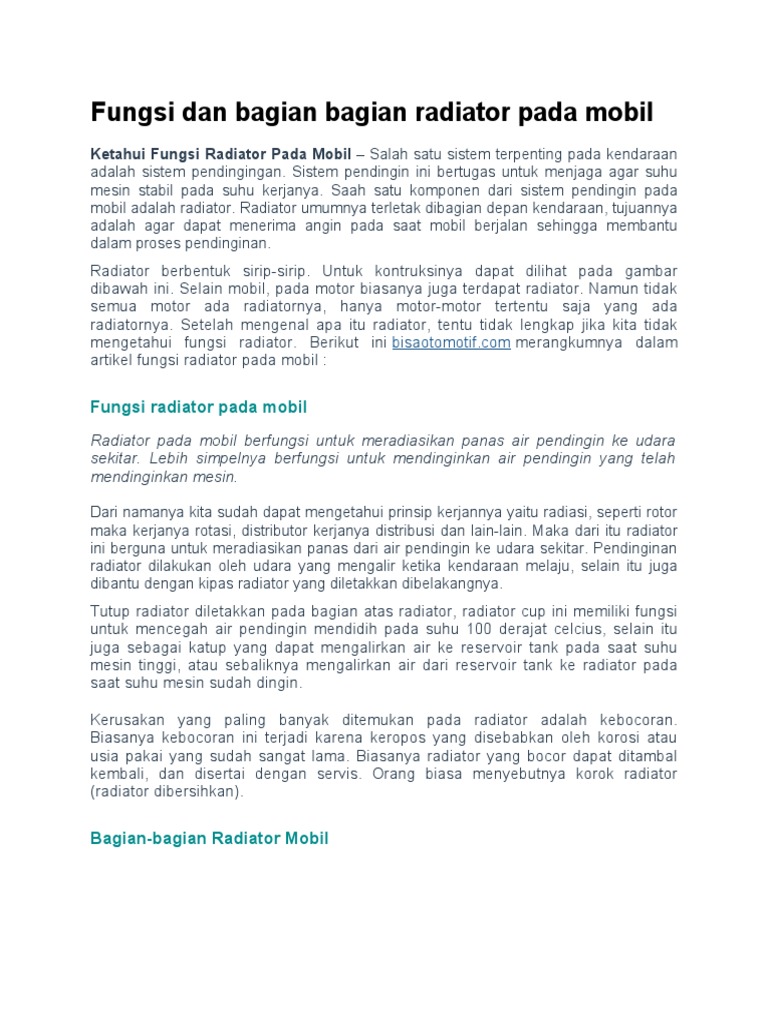 Fungsi Dan Bagian Bagian Radiator Pada Mobil | PDF
