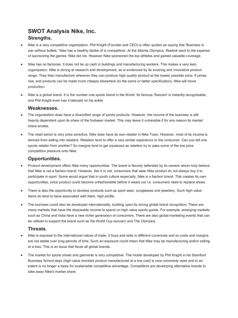 SWOT Analysis Nike | PDF | Nike | Brand
