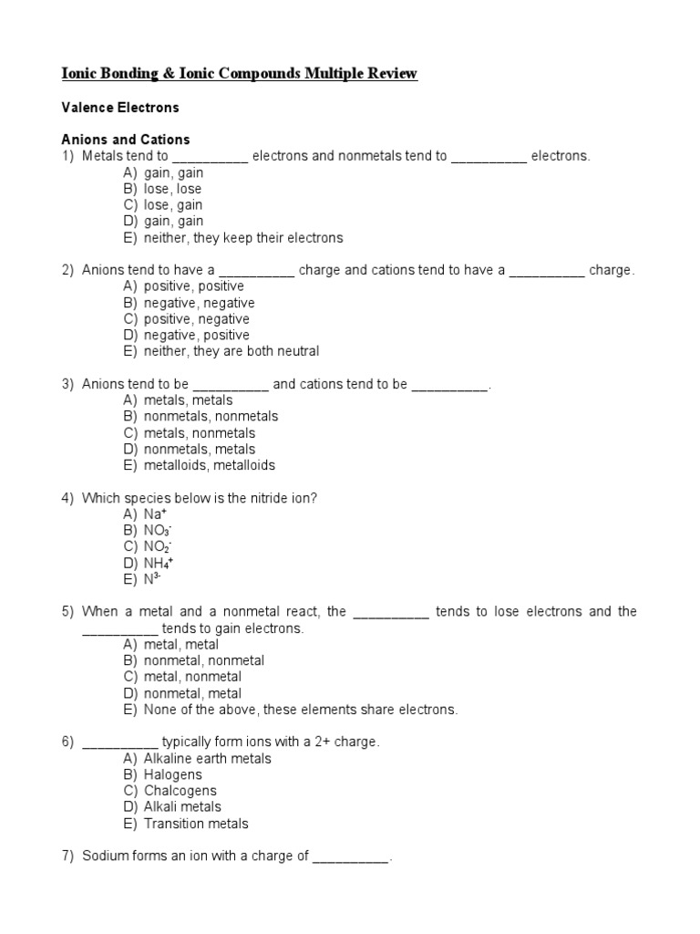 Ionic Bonding & Ionic Compounds Multiple Review: Valence Electrons ...