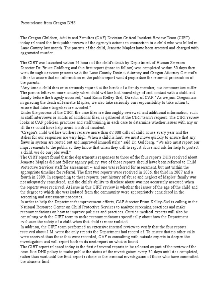 Oregon DHS Press Release Jeanette Maples | PDF | Child Protective ...