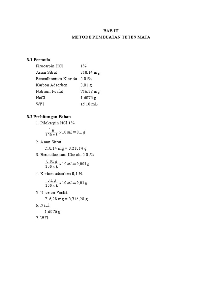 FORMULA TETES MATA PILOCARPIN HCI 1% (Bab III) | PDF | Sains & Matematika