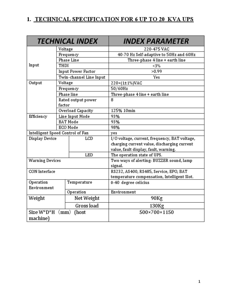 Technical Index Index Parameter: 1. Technical Specification For 6 Up To ...